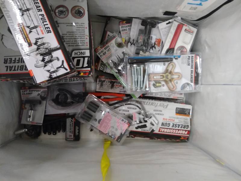 Bin of Tools. grease gun, air sander, tap and die set, impact wrench ...