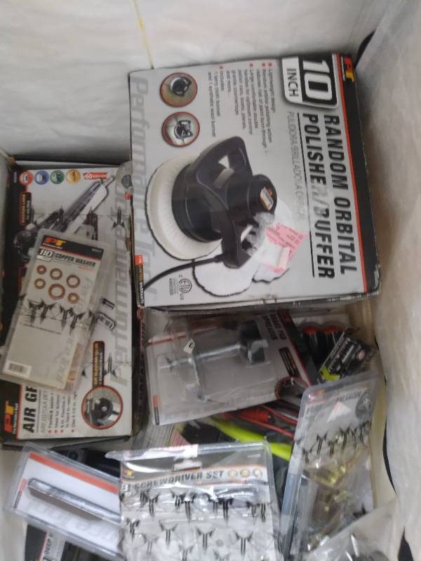 Bin of Tools. grease gun, air sander, tap and die set, impact wrench ...