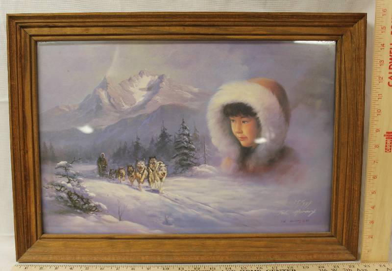 16" x 22" Framed Eskimo and Dog Sled Signed 55/888 Tok Hwang 1989 ...